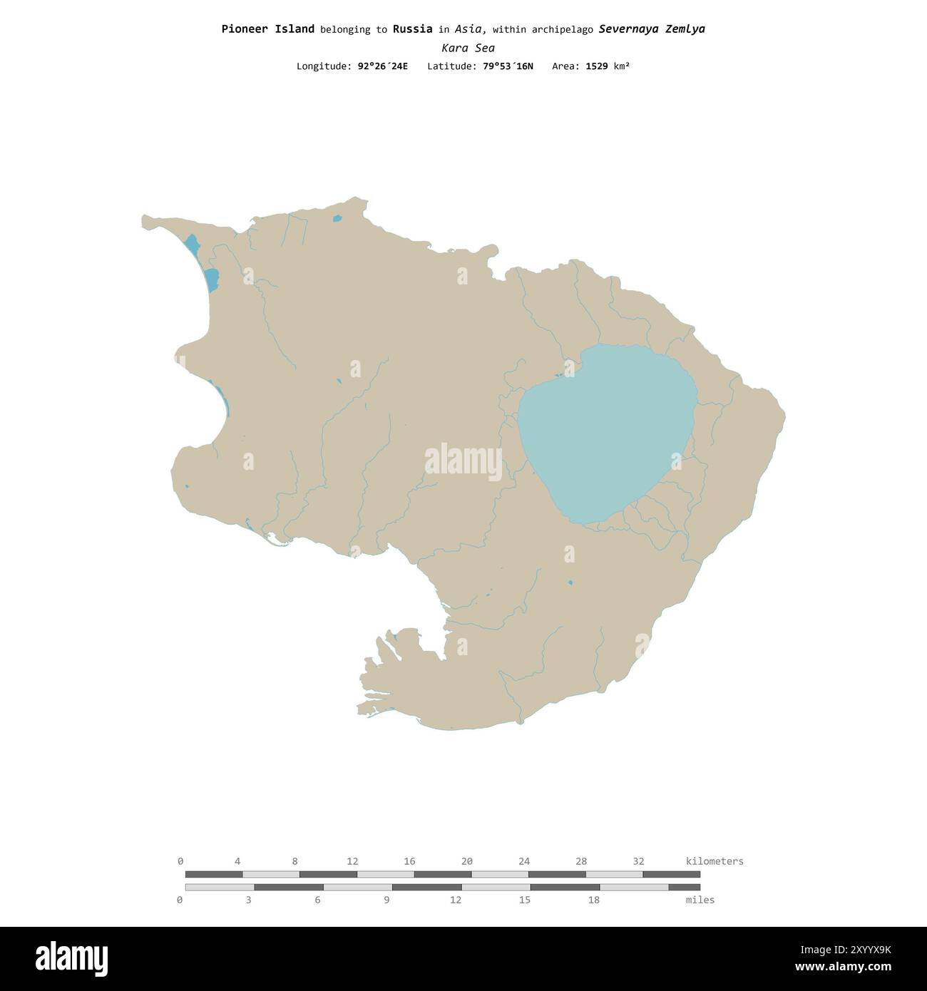 Pioneer Island in the Kara Sea, belonging to Russia, isolated on a ...