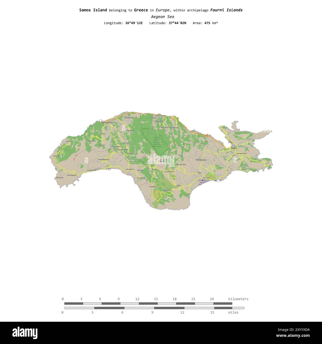 Samos Island in the Aegean Sea, belonging to Greece, isolated on a ...