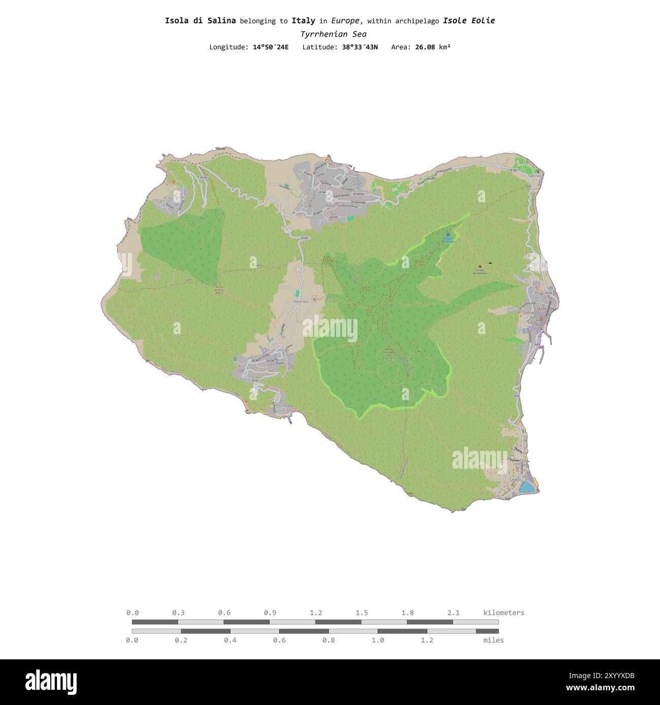 Isola di Salina in the Tyrrhenian Sea, belonging to Italy, isolated on ...