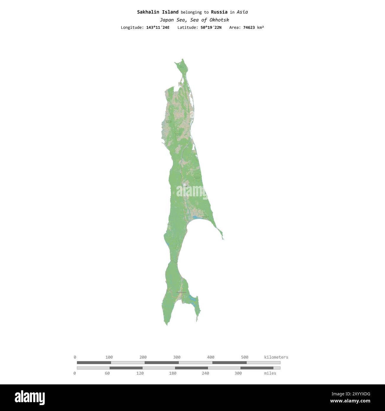 Sakhalin Island in the Japan Sea, belonging to Russia, isolated on a ...