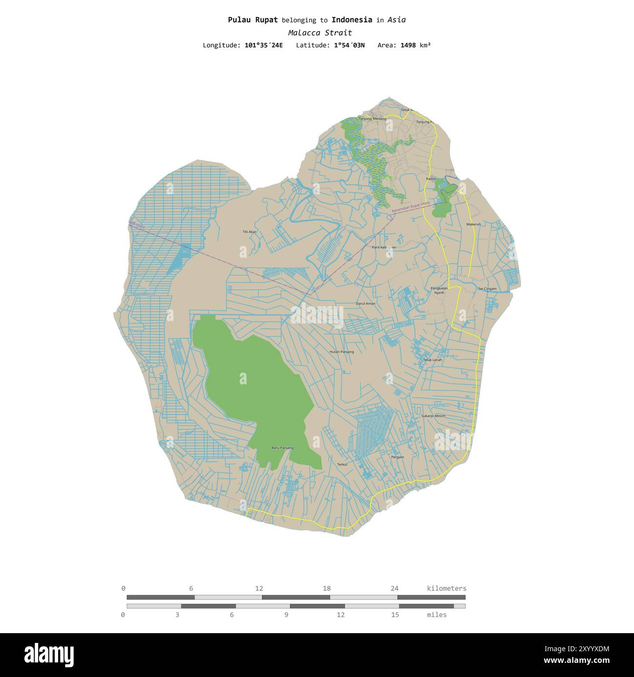 Pulau Rupat in the Malacca Strait, belonging to Indonesia, isolated on ...