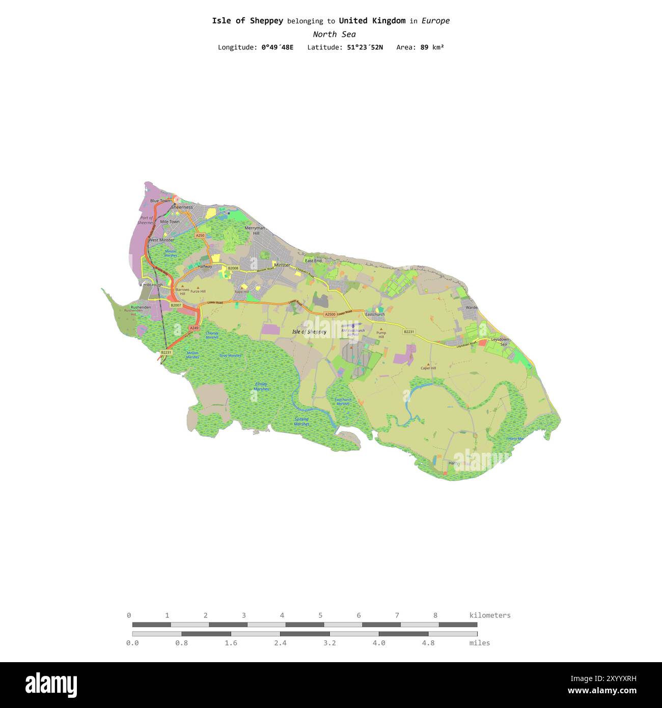 Isle of Sheppey in the North Sea, belonging to United Kingdom, isolated ...
