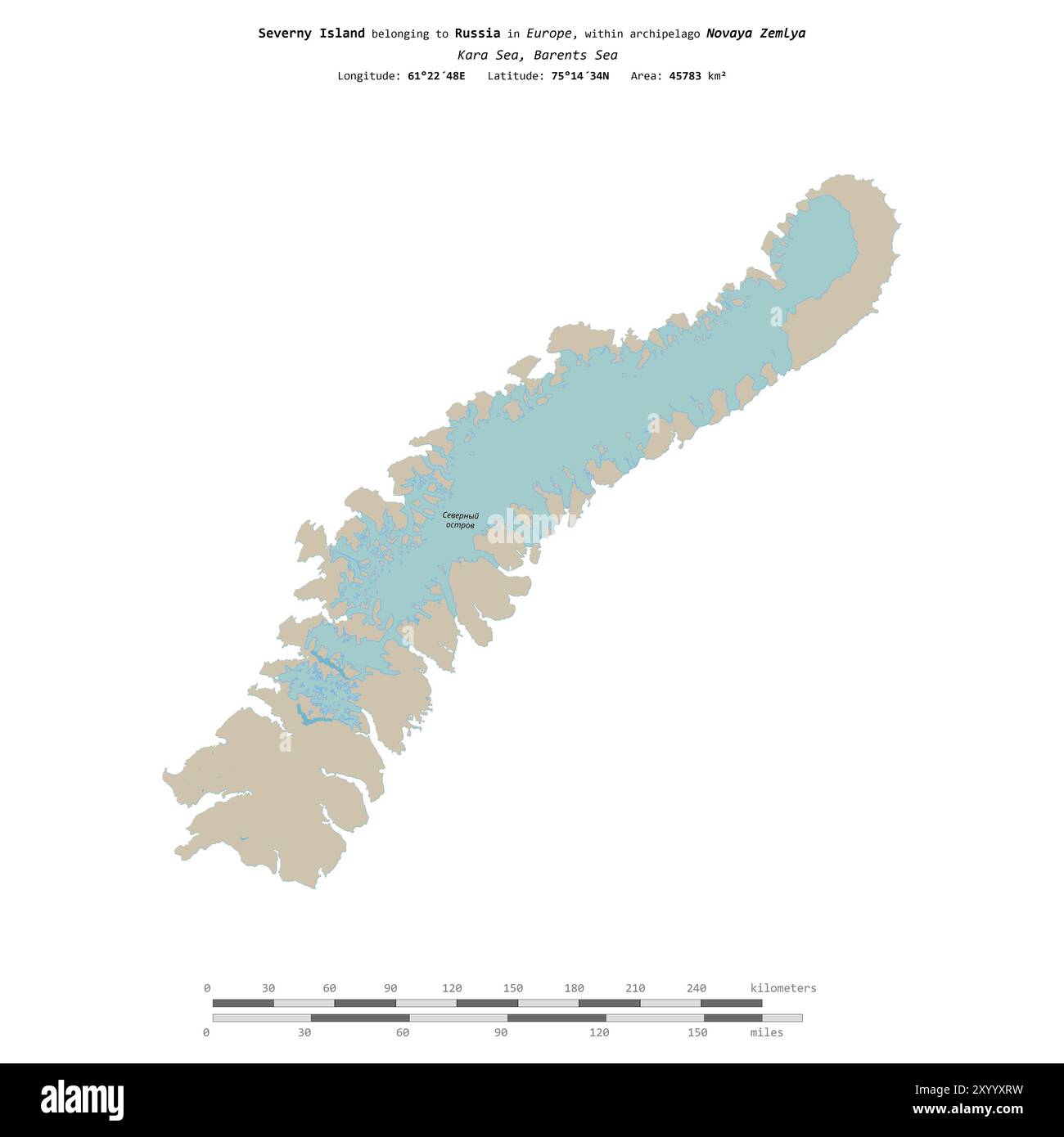 Severny Island in the Kara Sea, belonging to Russia, isolated on a topographic, OSM standard ...