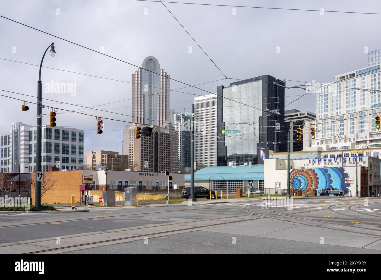 High-rise buildings, intersection, traffic lights, Charlotte, North ...