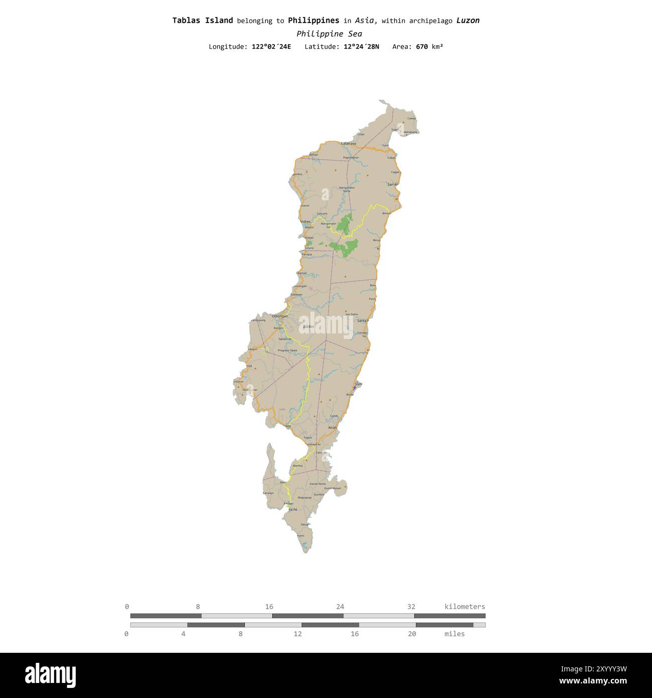 Tablas Island in the Philippine Sea, belonging to Philippines, isolated on a topographic, OSM ...