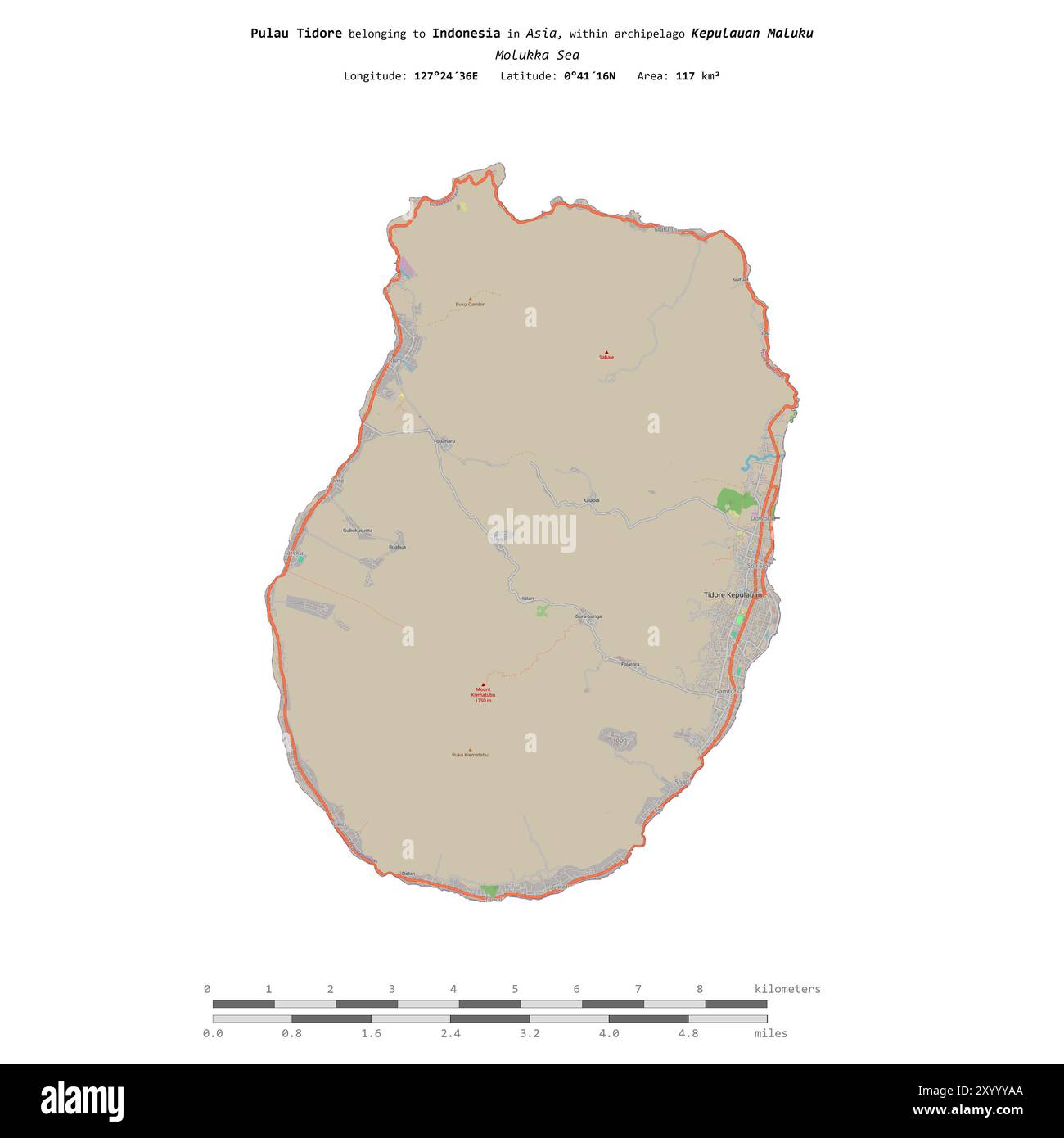 Pulau Tidore in the Molukka Sea, belonging to Indonesia, isolated on a ...