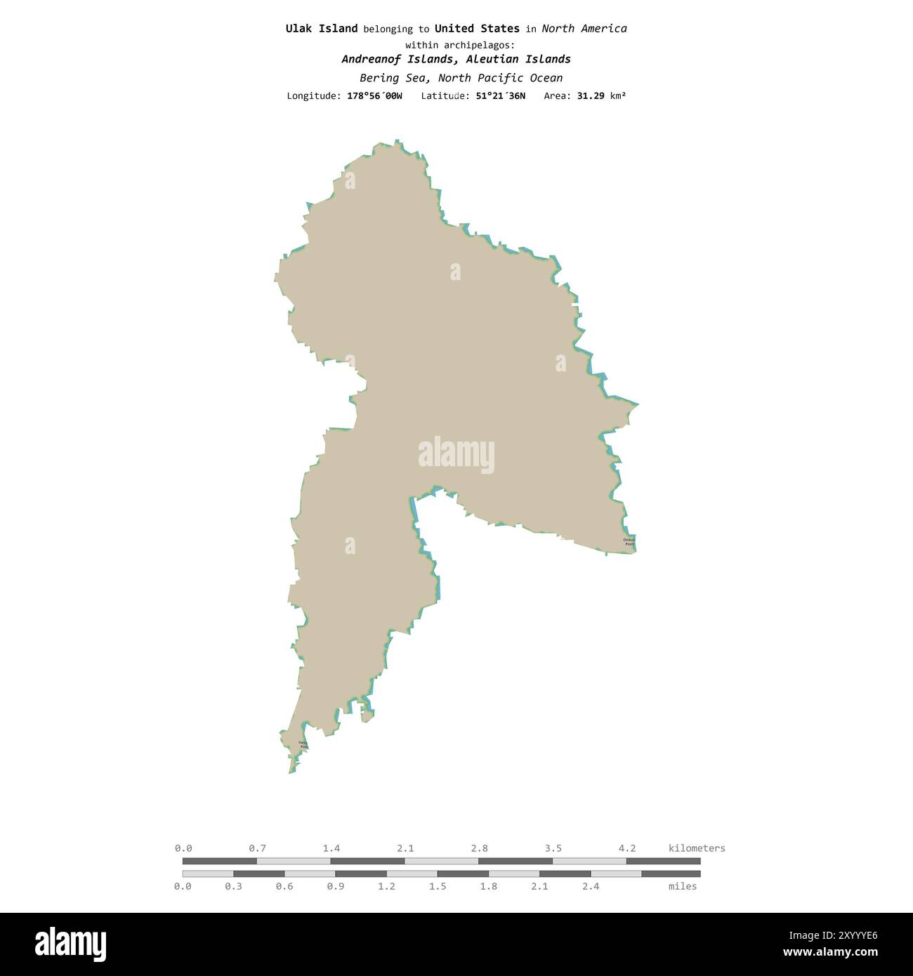 Ulak Island in the Bering Sea, belonging to United States, isolated on ...
