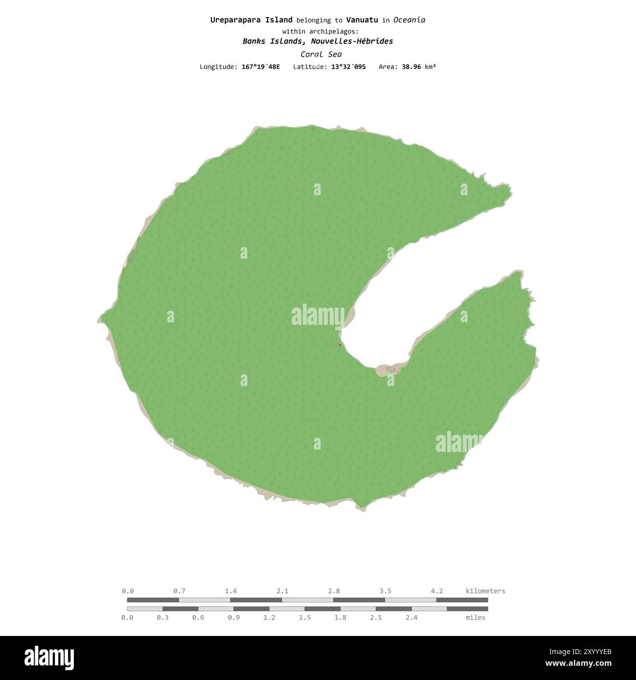 Ureparapara Island in the Coral Sea, belonging to Vanuatu, isolated on ...