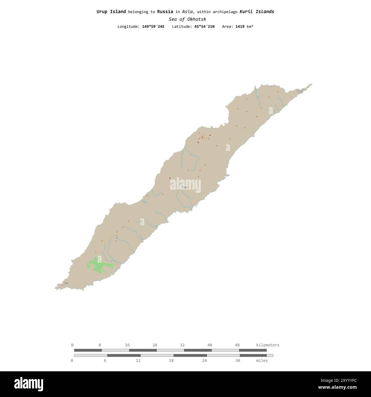Urup Island in the Sea of Okhotsk, belonging to Russia, isolated on a ...