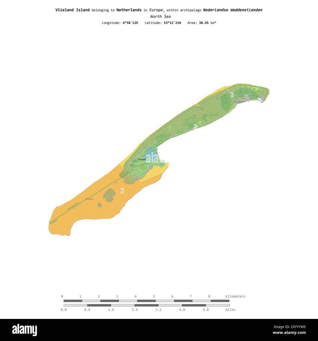 Vlieland Island in the North Sea, belonging to Netherlands, isolated on ...