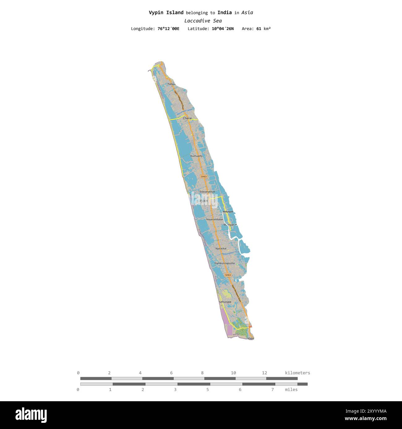 Vypin Island in the Laccadive Sea, belonging to India, isolated on a ...