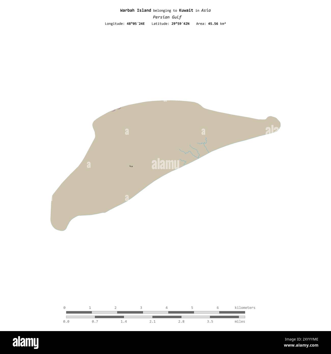 Warbah Island in the Persian Gulf, belonging to Kuwait, isolated on a topographic, OSM standard ...