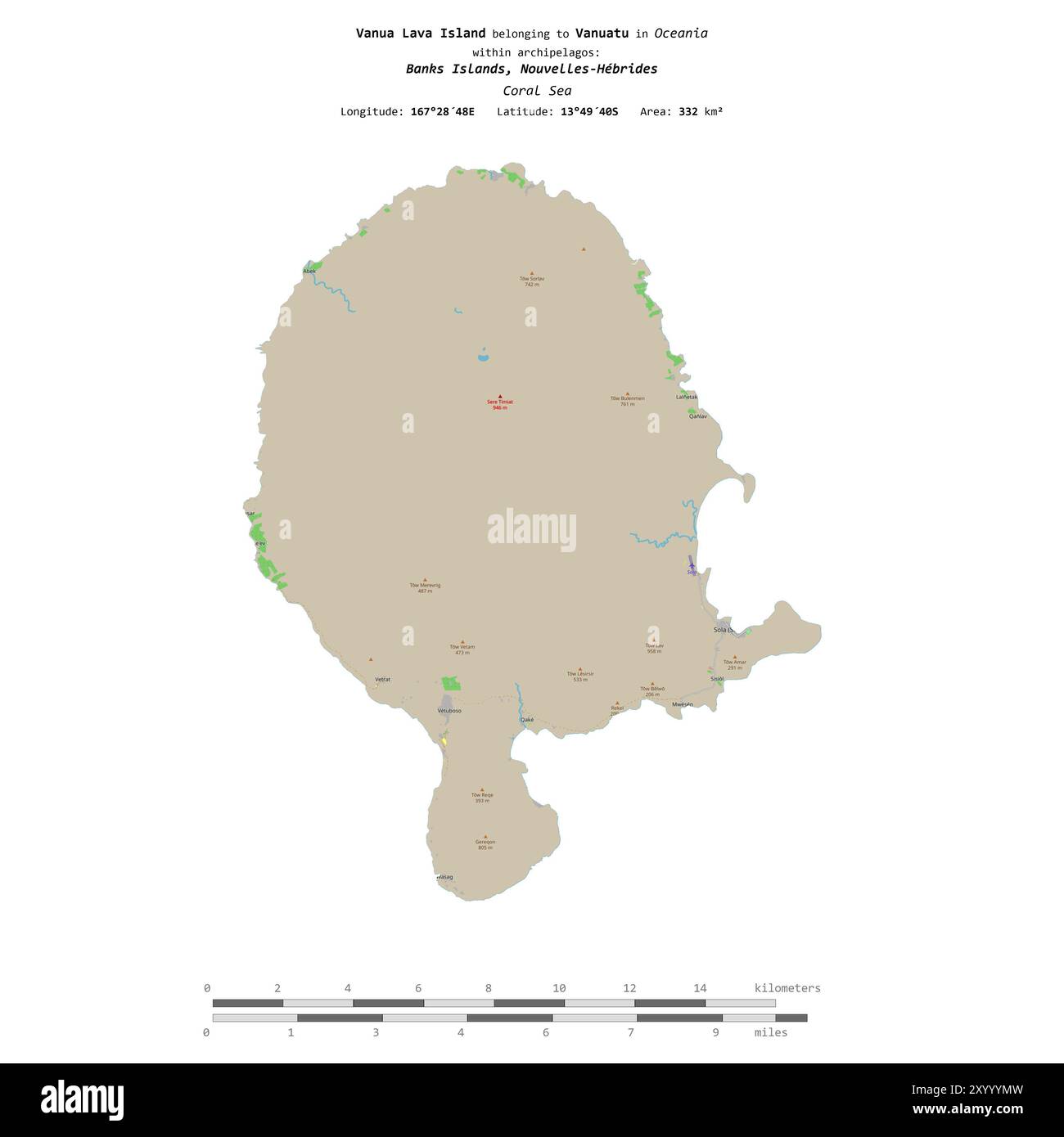 Vanua Lava Island in the Coral Sea, belonging to Vanuatu, isolated on a ...