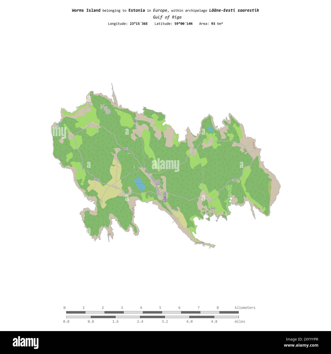 Worms Island in the Gulf of Riga, belonging to Estonia, isolated on a topographic, OSM standard ...