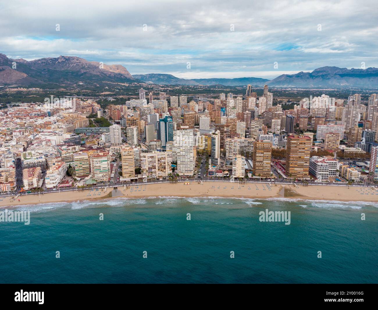 Aerial drone point of view of Benidorm city. Famous travel destination ...