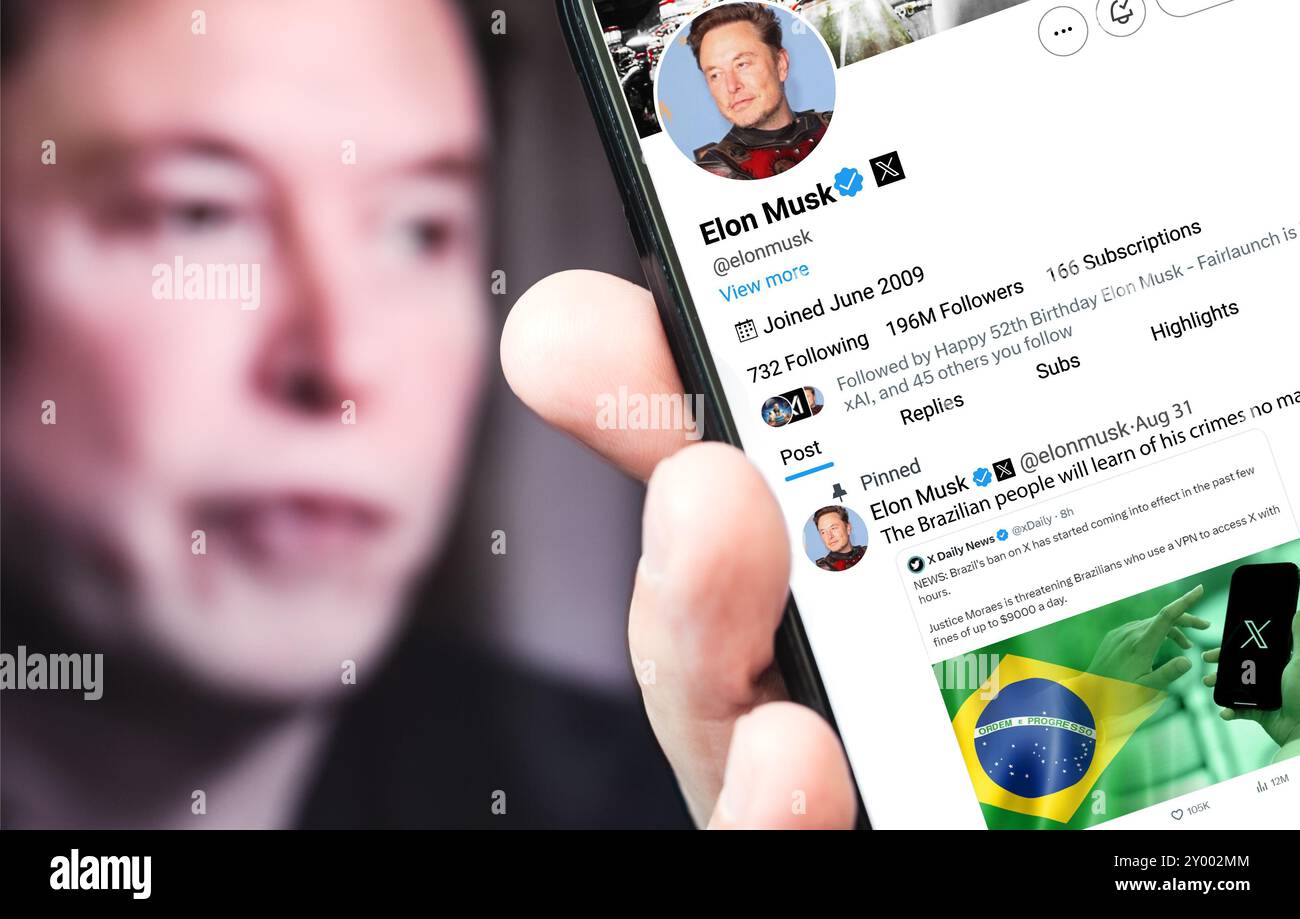 Poltava, Ukraine - August 30, 2024. Elon Musk Twitter profile page with ...