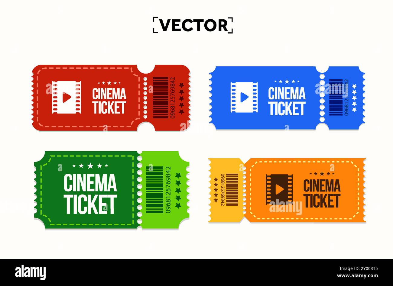 3d cinema or theatre ticket with barcode, rating star, film icon in red ...