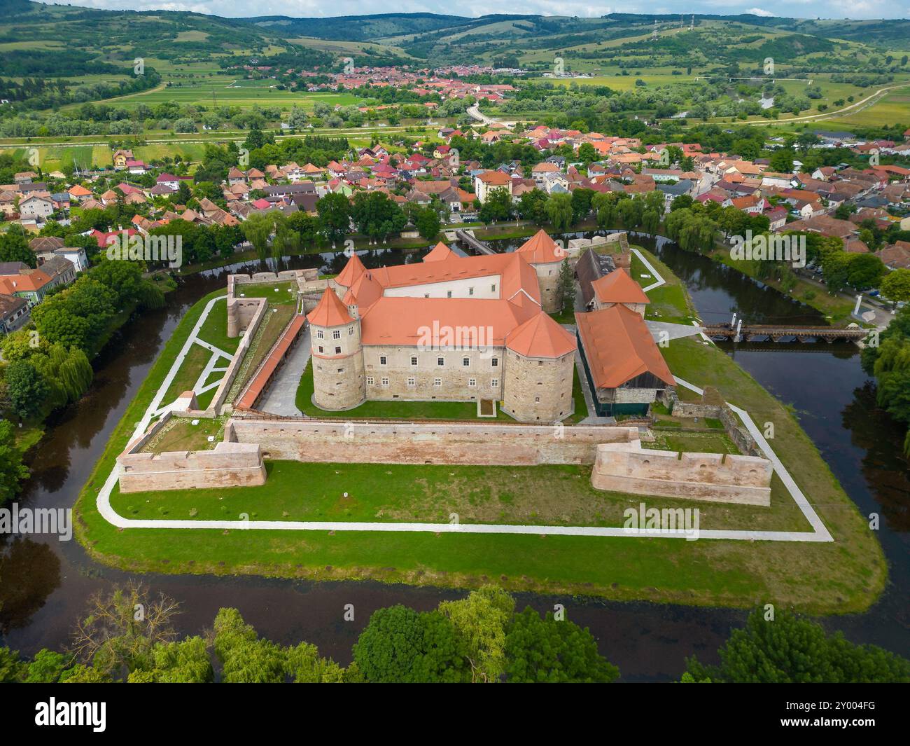 Fagaras City, Romania aerial drone perspective. In the middle is ...