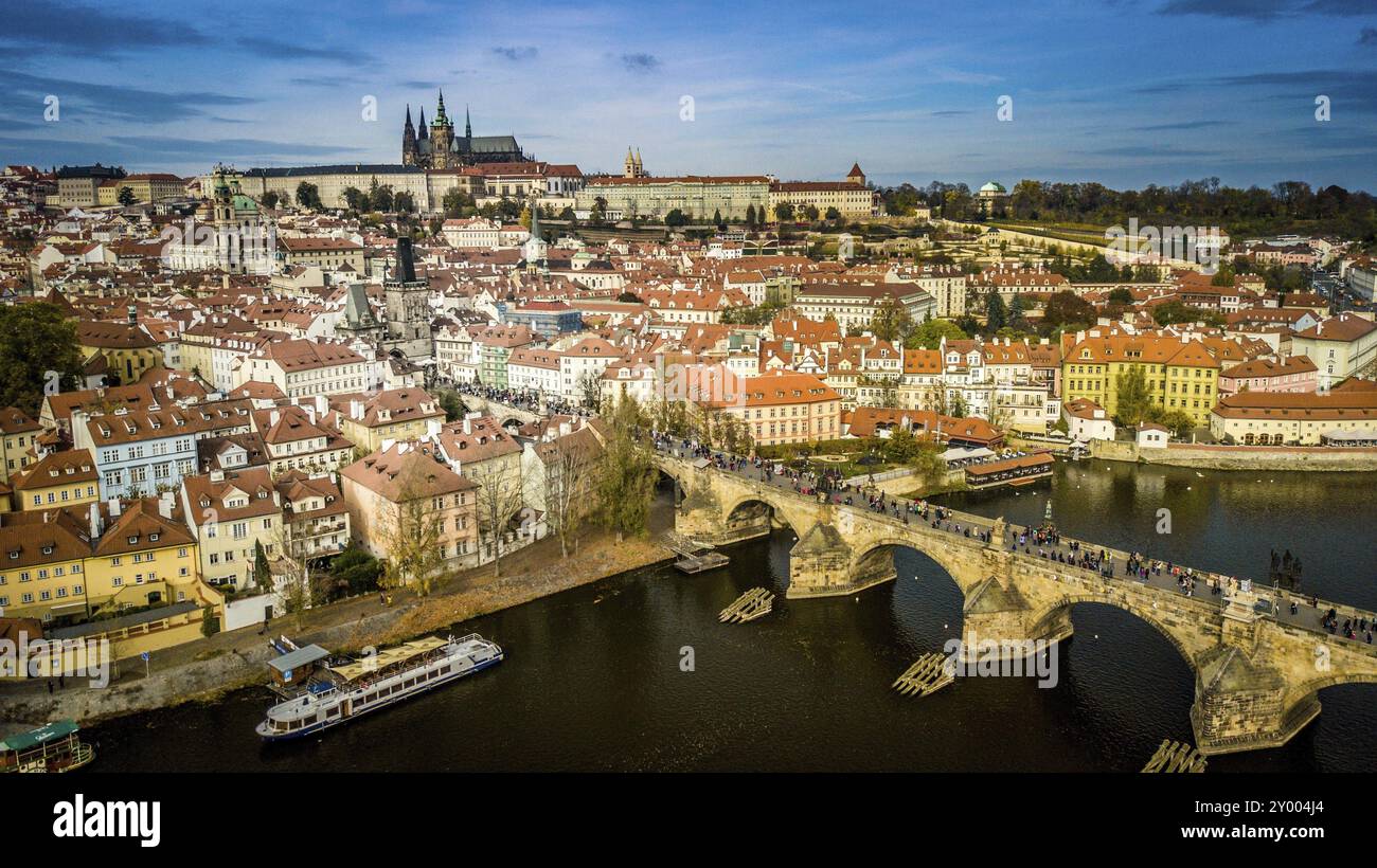 Aerial view of Prague castle (Hradcany) and Charles Bridge (Karluv Most ...