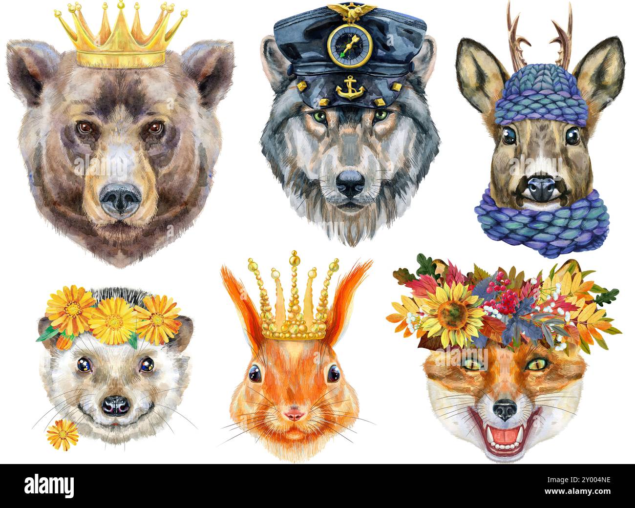 Watercolor drawing of the animals - bear, wolf, fox, roe deer, hedgehog ...