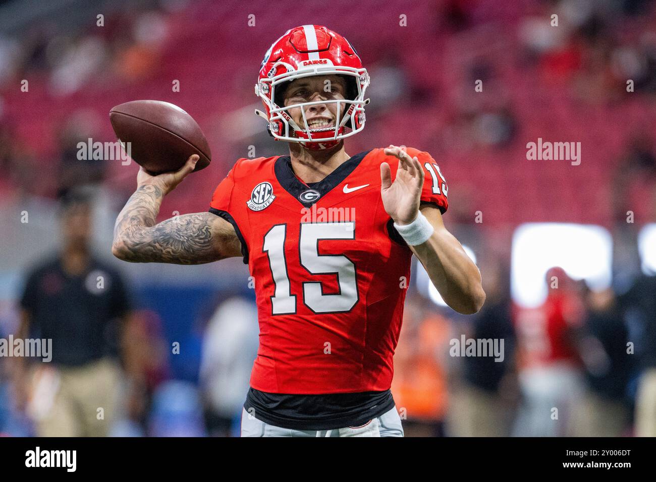 August 31, 2024: Georgia Bulldogs quarterback Carson Beck (15) warms up ...