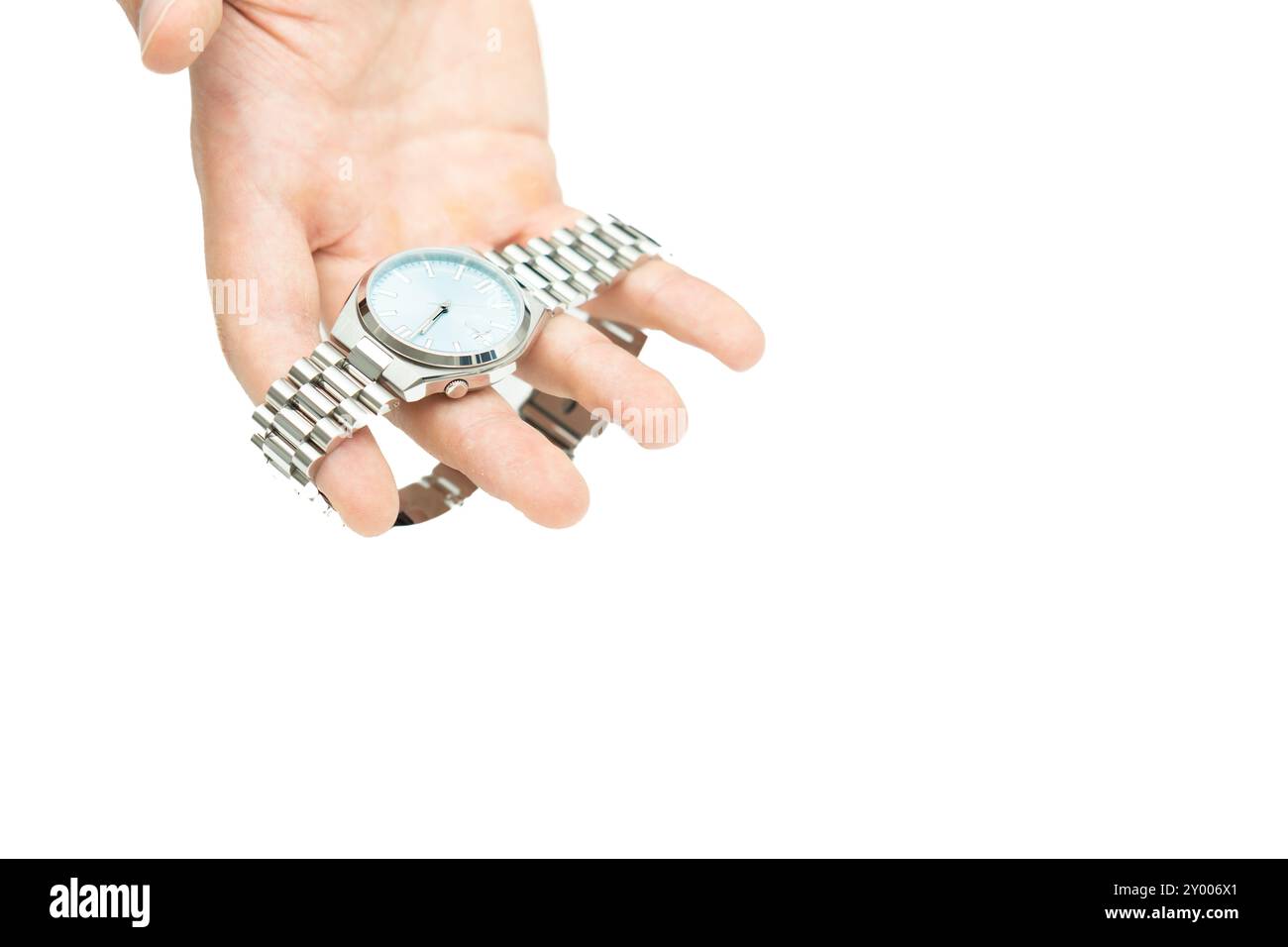 Male hand holding modern luxury silver tiffany blue watch on white ...