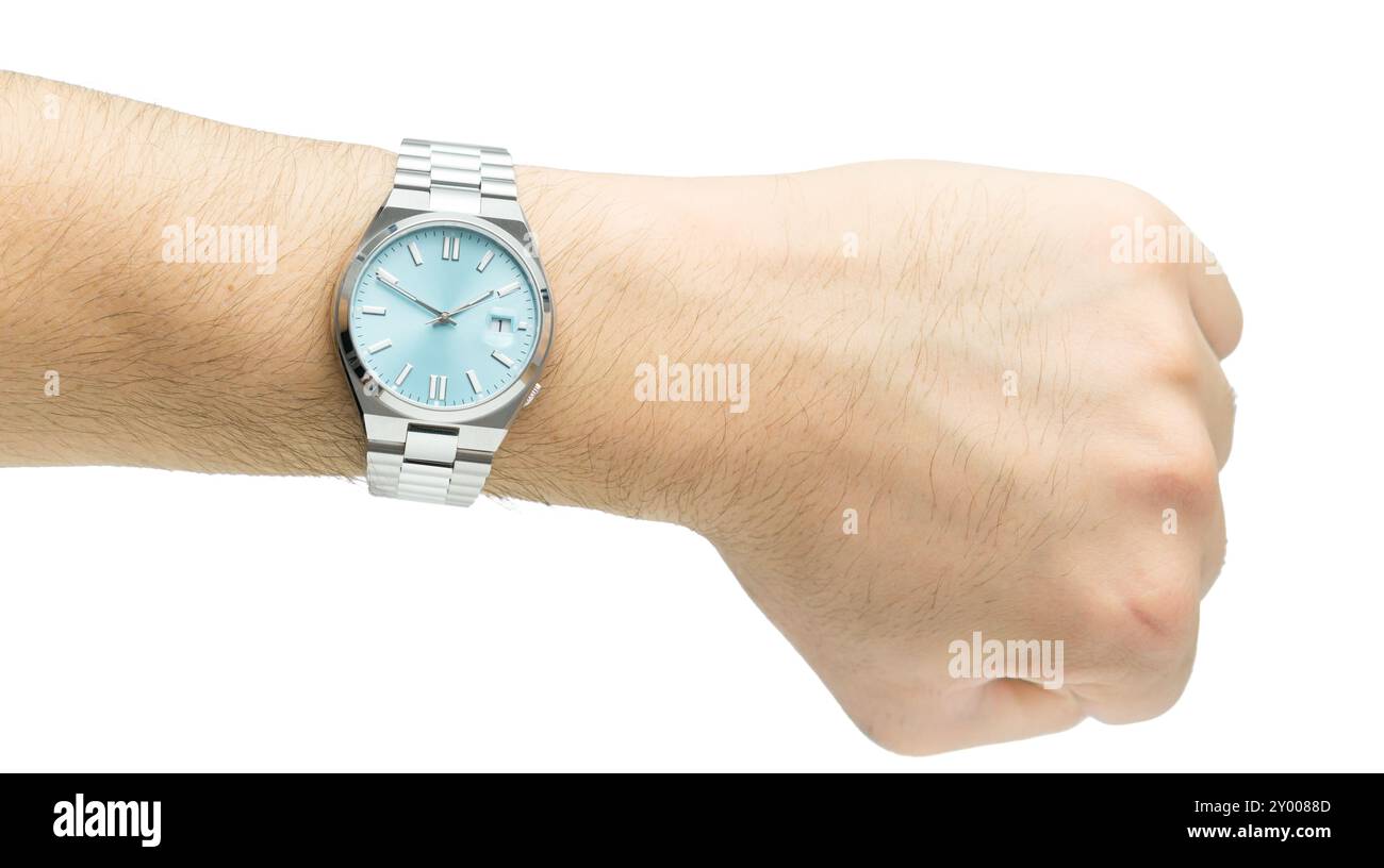 Modern silver watch on a man's wrist isolated on white Stock Photo - Alamy