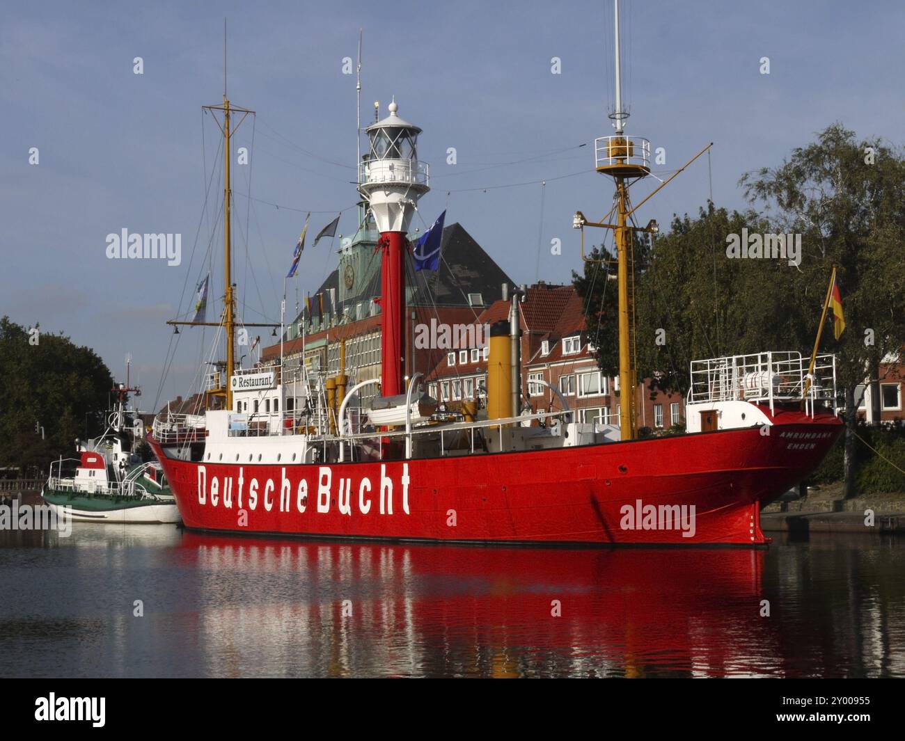 Ratsdelft in Emden with the lightship Amrumbank. Emden is a town and ...
