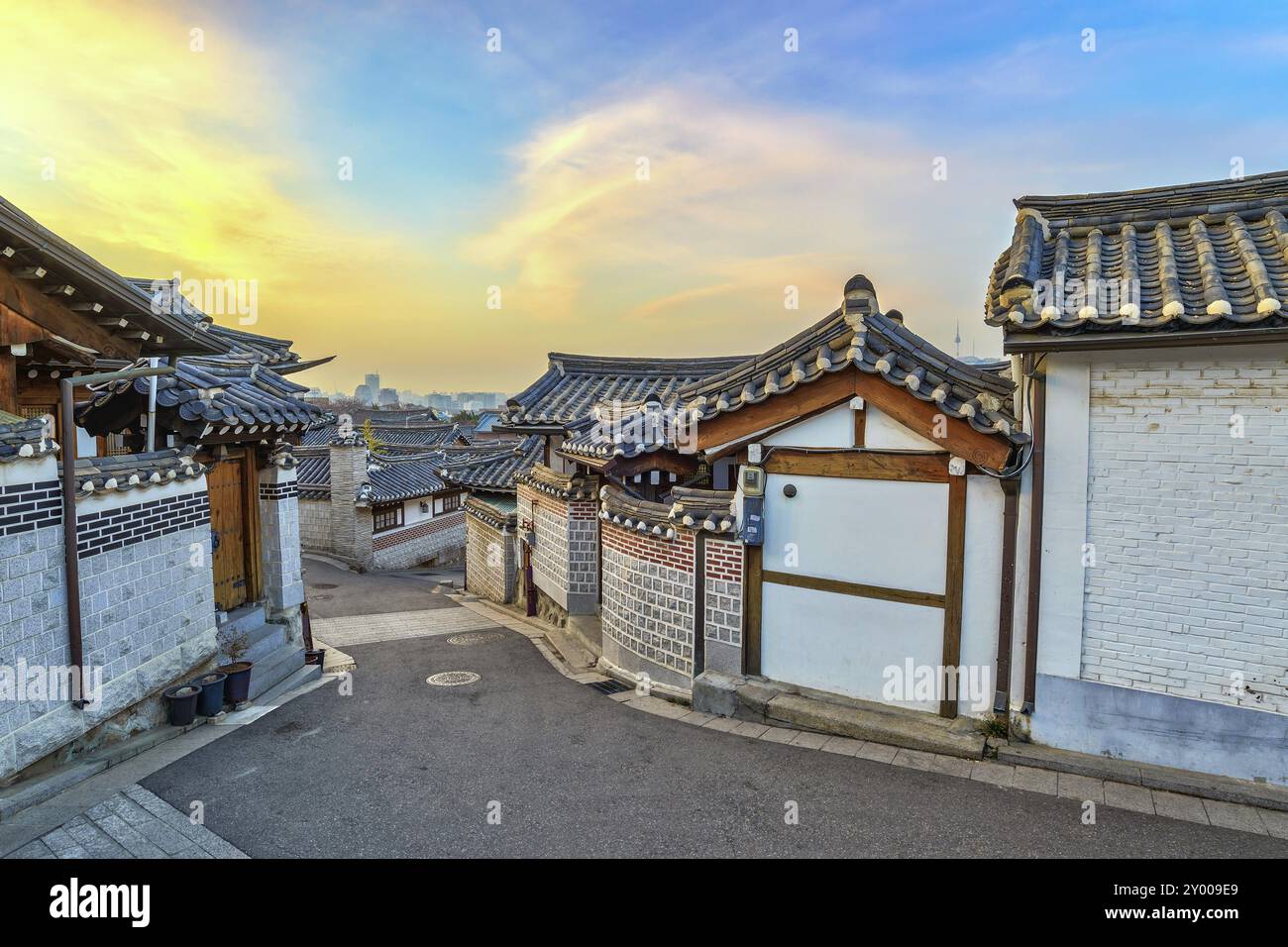Bukchon Hanok Village and Seoul city skyline when sunrise with Seoul ...