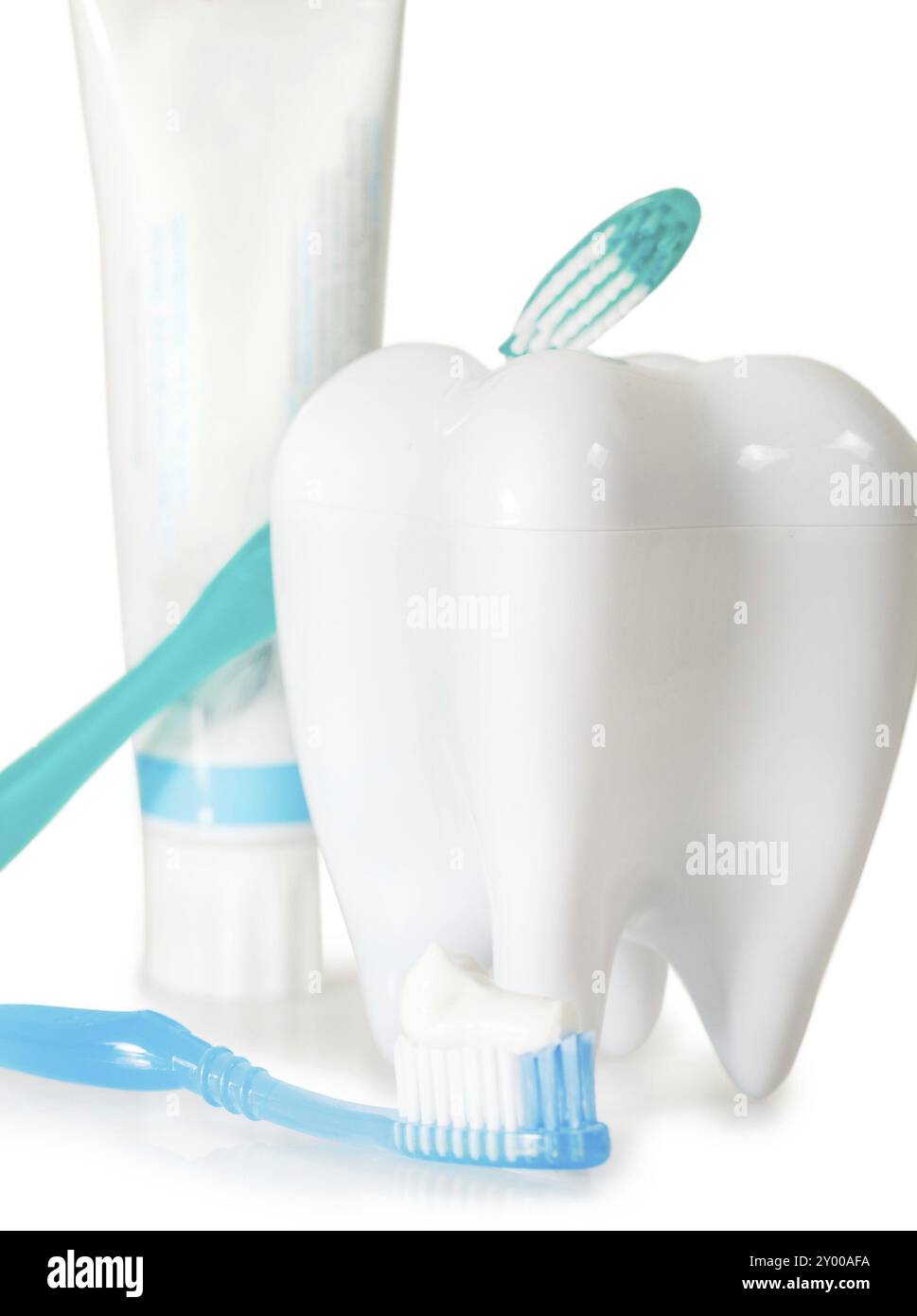 Tooth brushes with mint, tooth paste and dental floss isolated on white ...