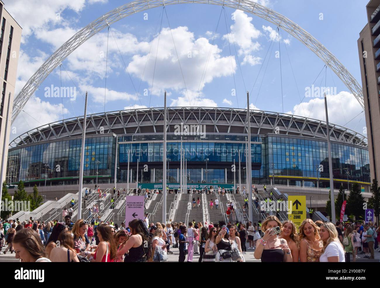 London, UK. 21st June 2024. Swifties arrive at Wembley Stadium as ...