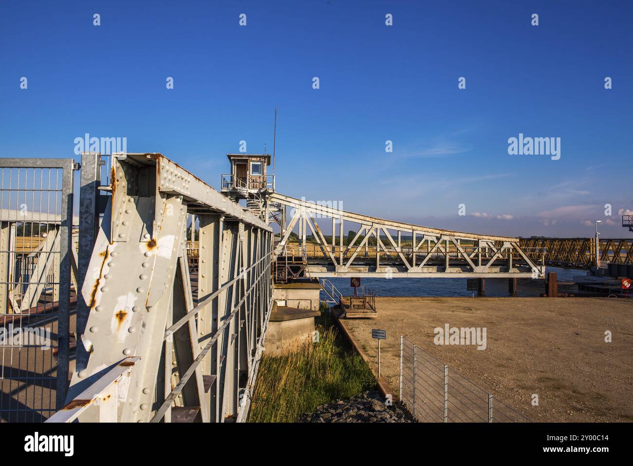 Rusty historic swing bridge with a small driver's cab on the roof Stock ...