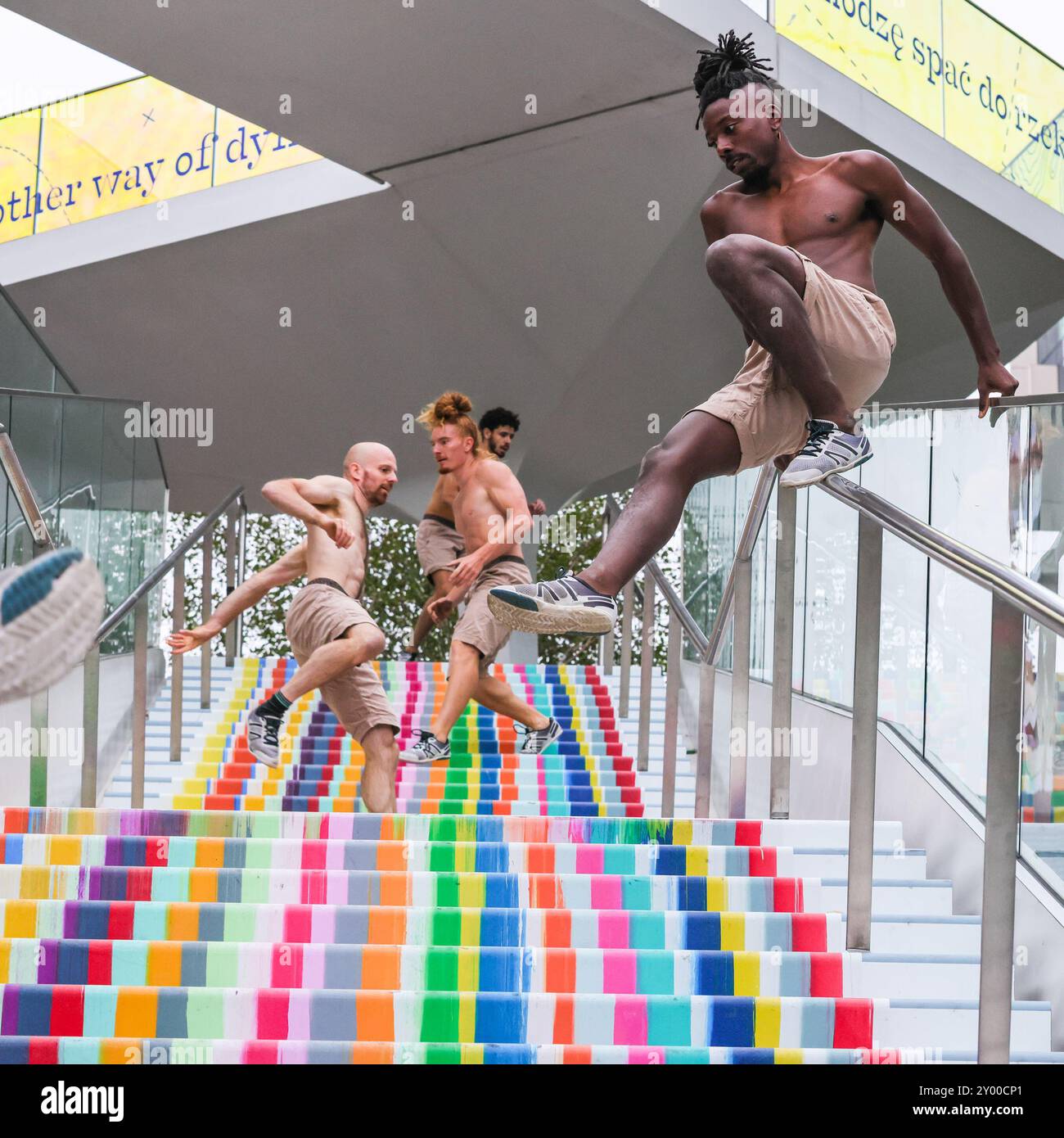 London, UK. 31st Aug, 2024. Five parkour performers from Compagnie ...