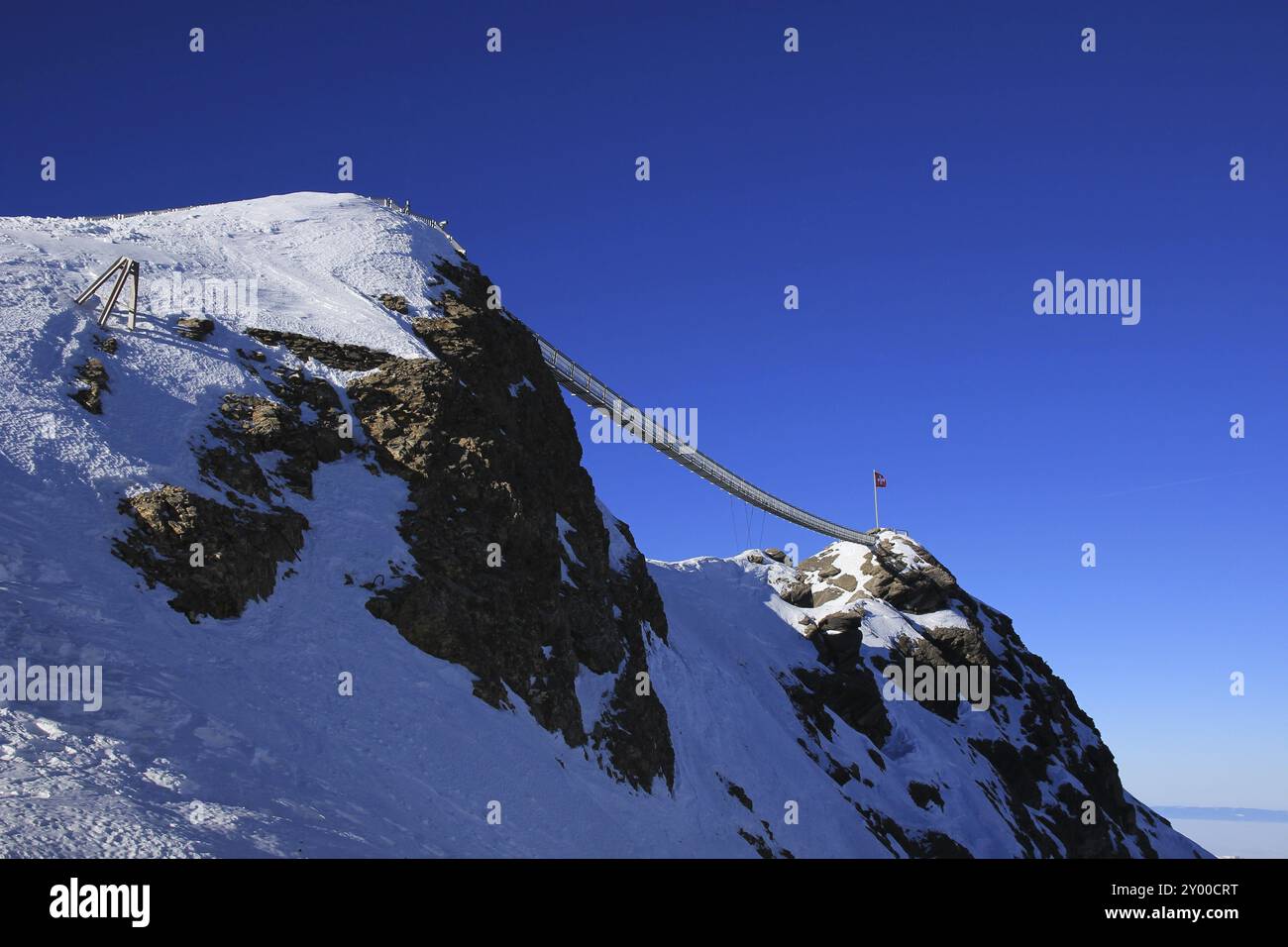 Suspension bridge on 3000m altitude connecting two mountain peaks ...