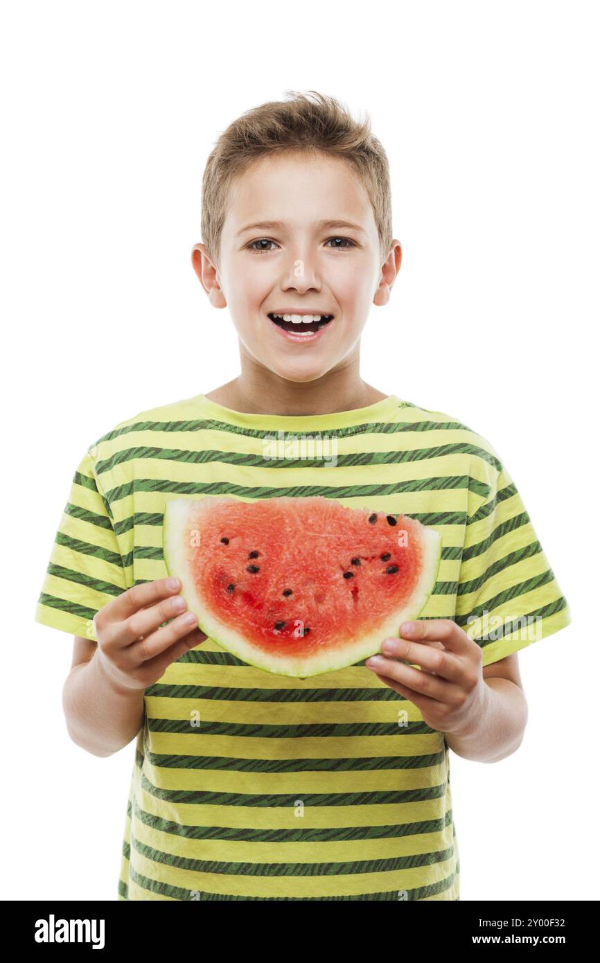 Handsome smiling child boy hand holding red ripe watermelon fruit food ...