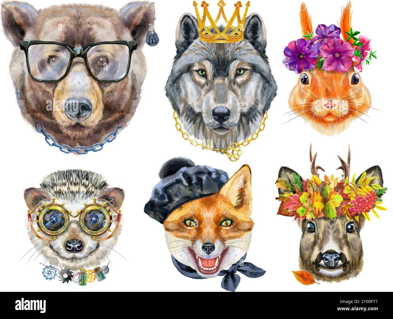 Watercolor drawing of the animals - bear, wolf, fox, roe deer, hedgehog ...