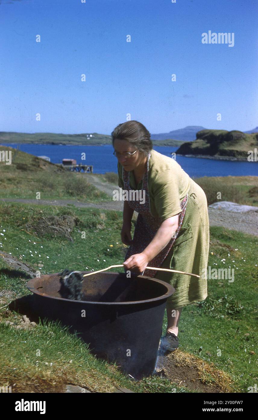 1960s, historical, crofter lady dyeing wool, Stornway, Isle of Lewis ...