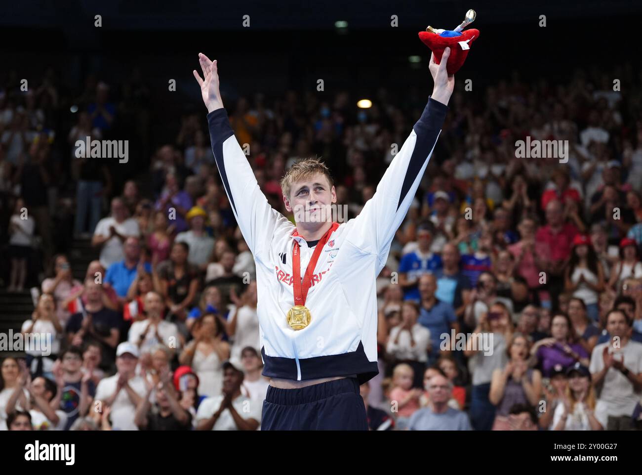 Great Britain's Stephen Clegg on the podium with the gold medal after ...