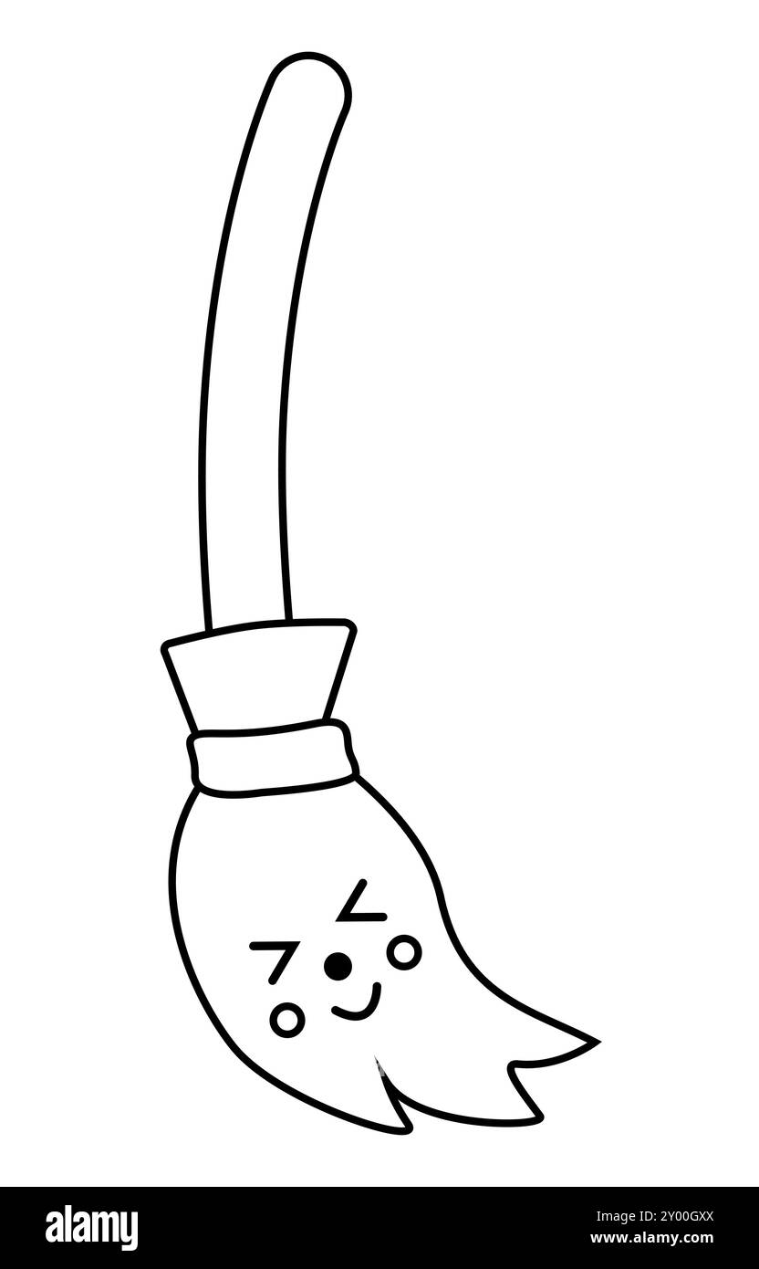 Cute broom in kawaii style, vector outline illustration for kids ...