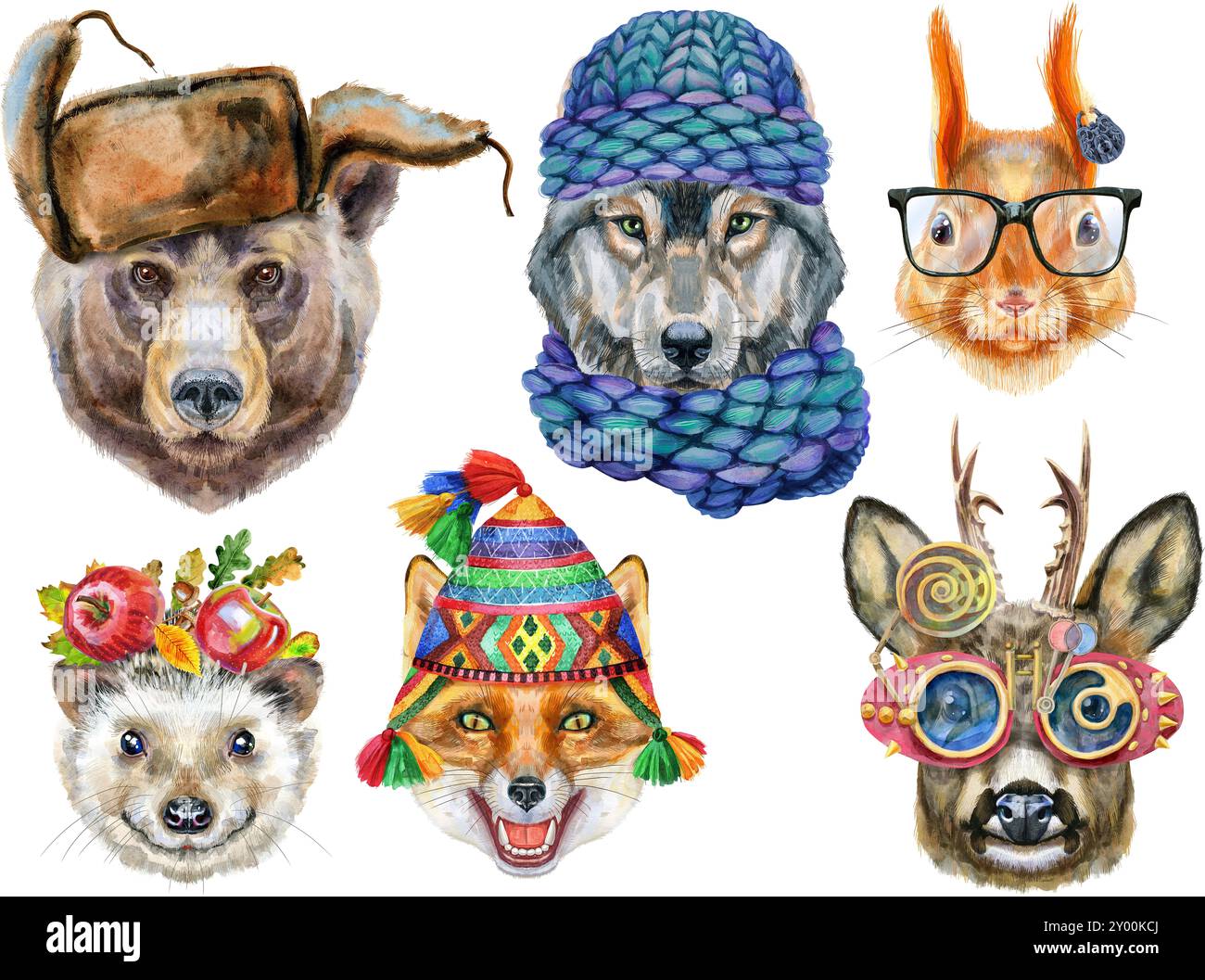 Watercolor drawing of the animals - bear, wolf, fox, roe deer, hedgehog ...