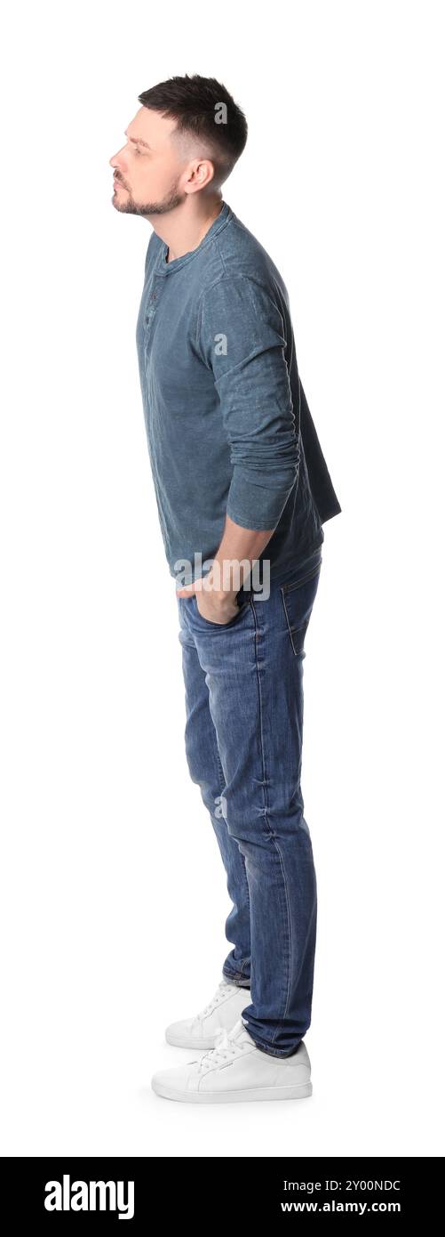 Man standing in queue on white background Stock Photo - Alamy