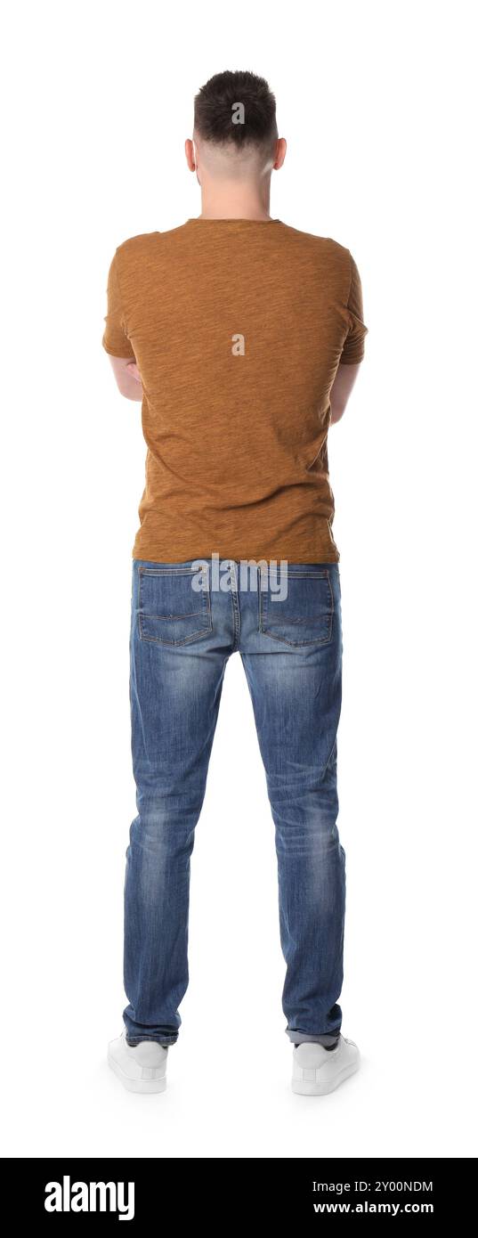 Man standing in queue on white background, back view Stock Photo - Alamy