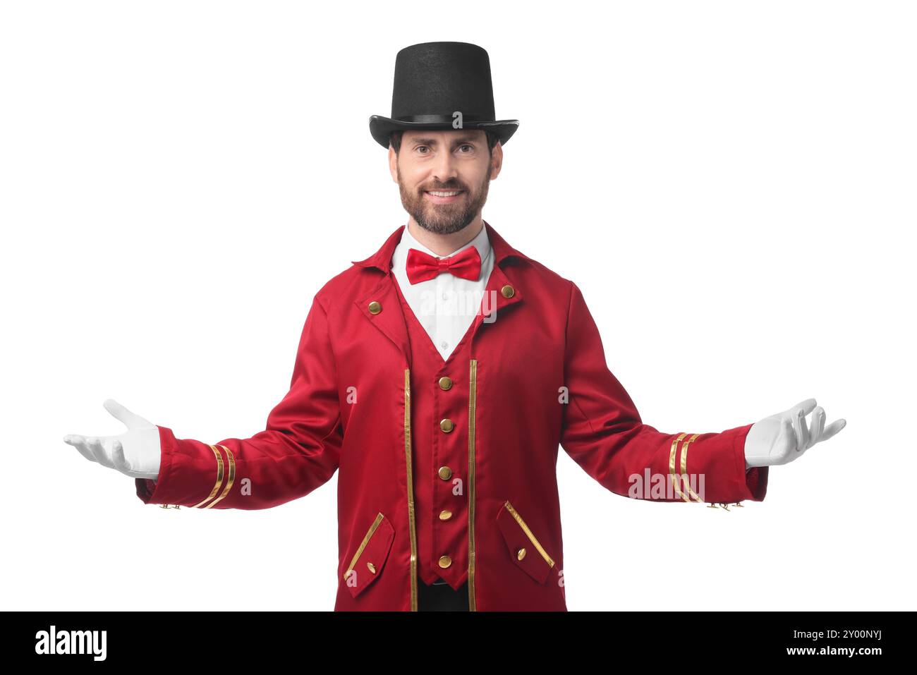 Portrait of showman in red costume and hat on white background Stock ...