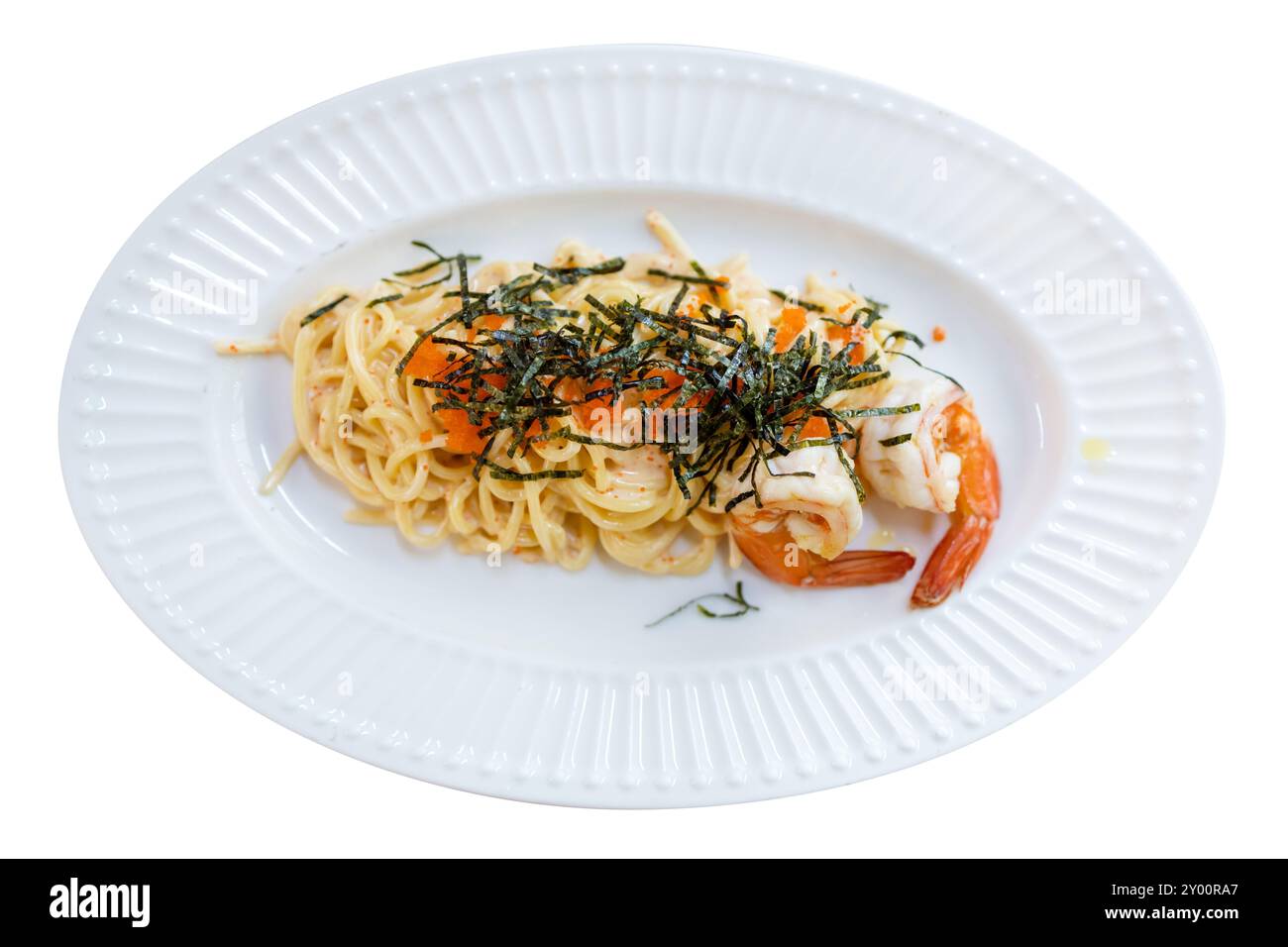 Die cut of Spaghetti Carbonara with Shrimp on white isolated Stock ...