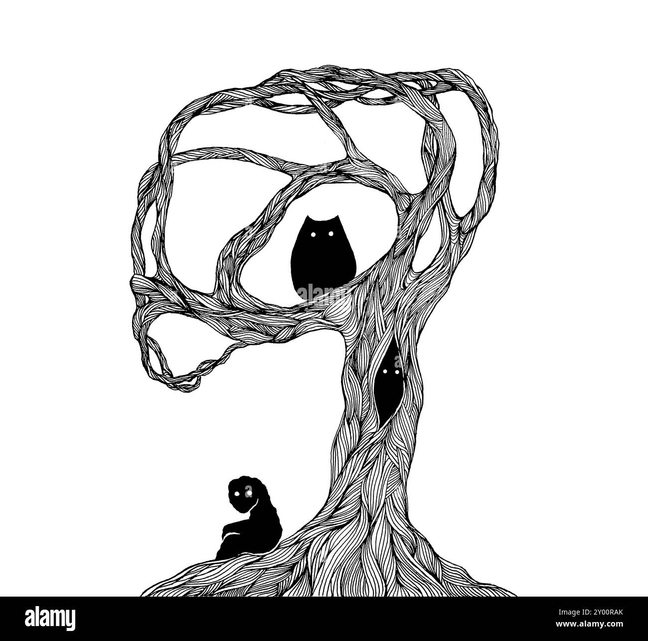 Black and White line drawing of an old twisted tree and magical ...