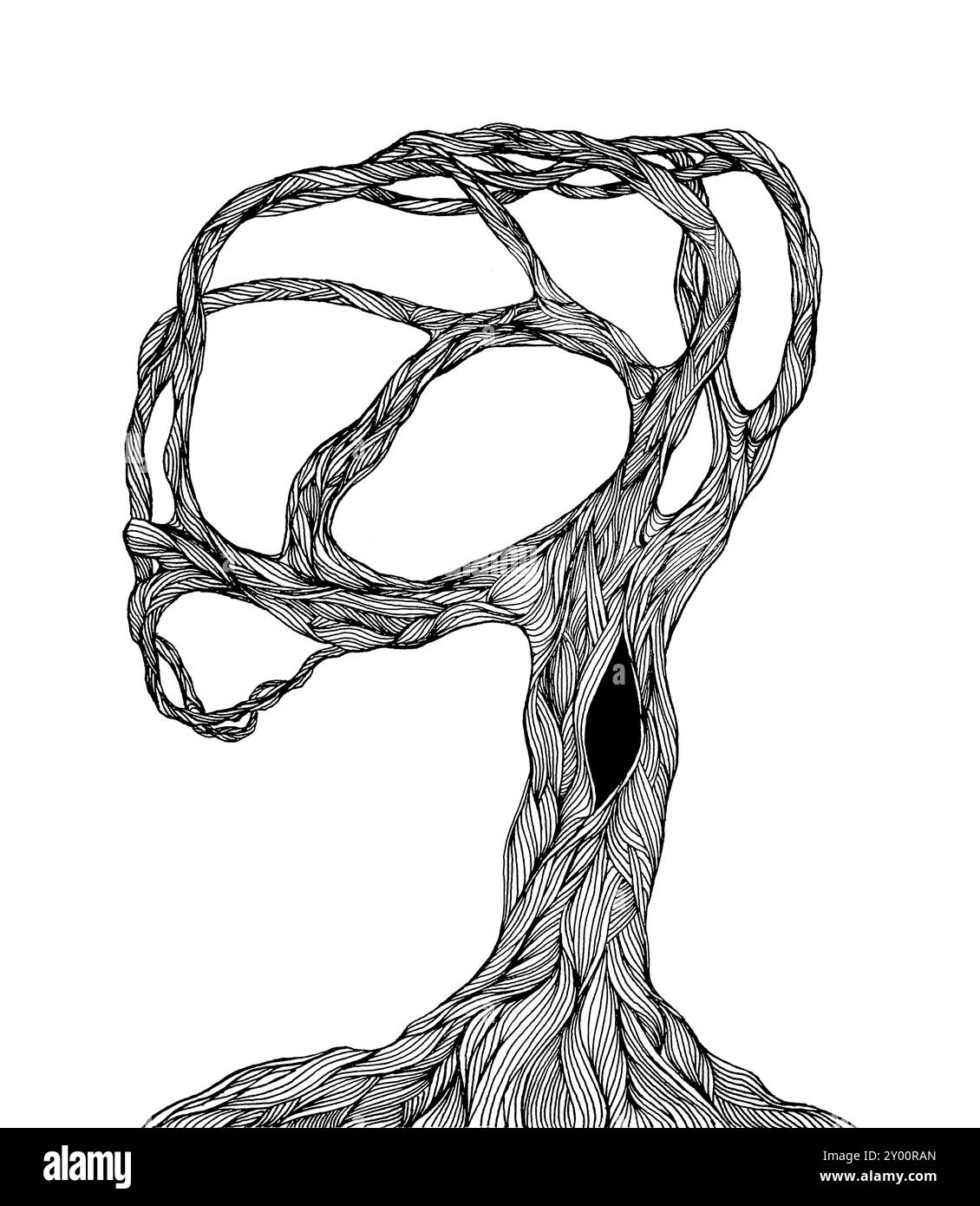 Black and White line drawing of an old twisted tree and magical creatures Stock Photo - Alamy
