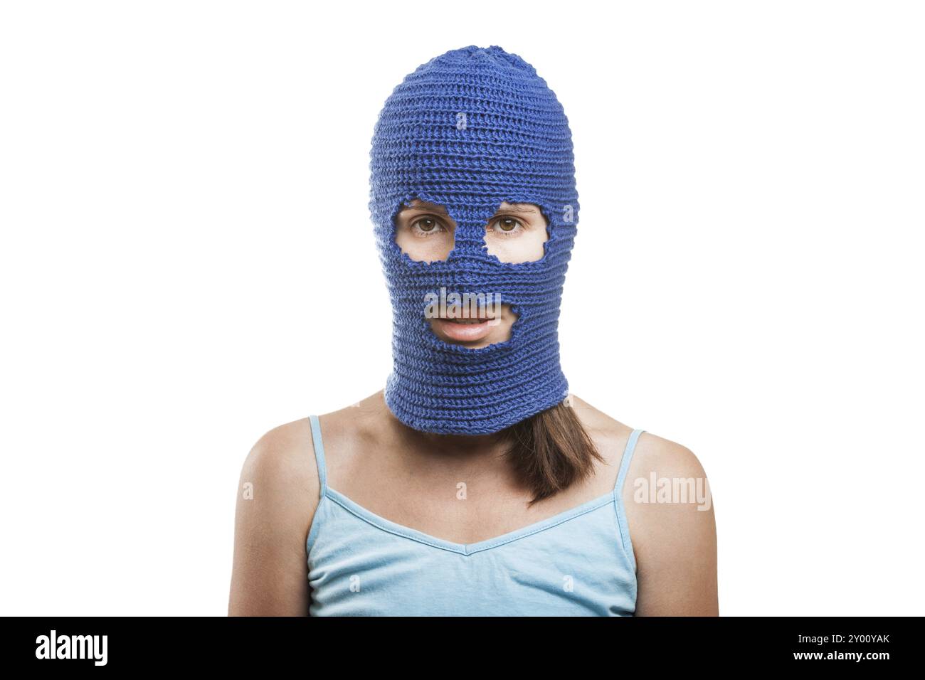Russian protest movement concept, woman wearing balaclava or mask on ...