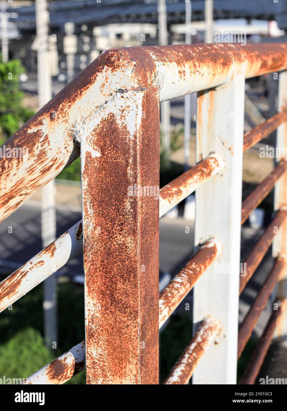 Rust of metals on Iron railing or Handrail. Corrosion of metal. Rust and corrosion in the weld ...