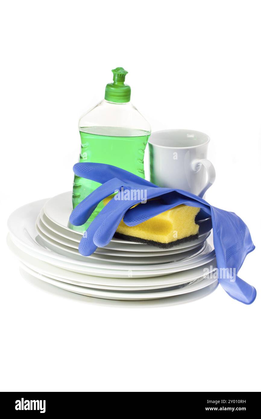 Dinnerware and cleaning utensils isolated on white background Stock ...