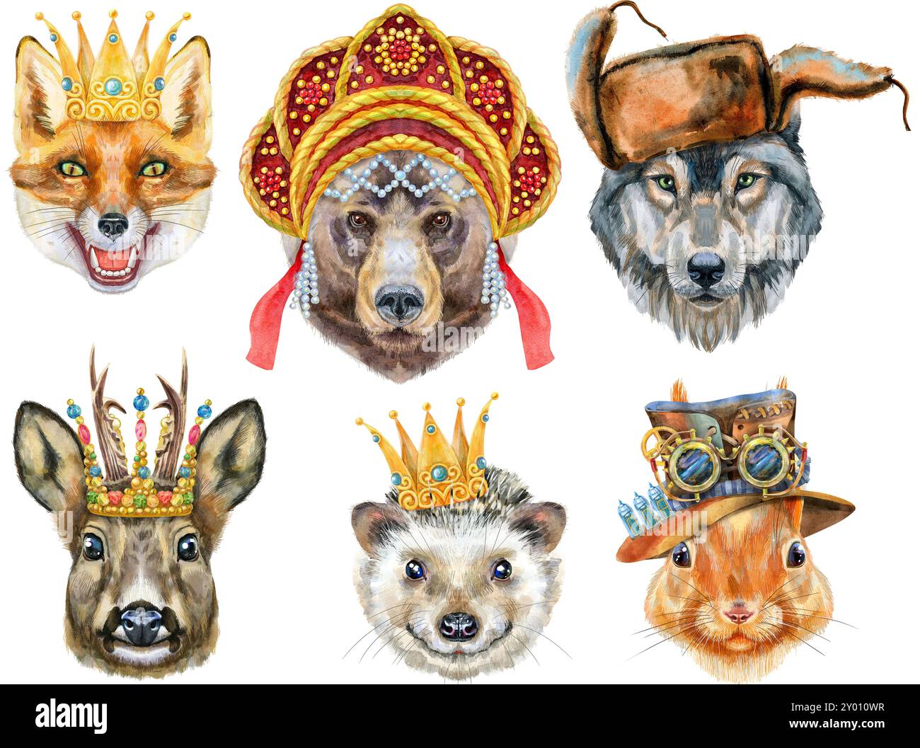 Watercolor drawing of the animals - bear, wolf, fox, roe deer, hedgehog ...